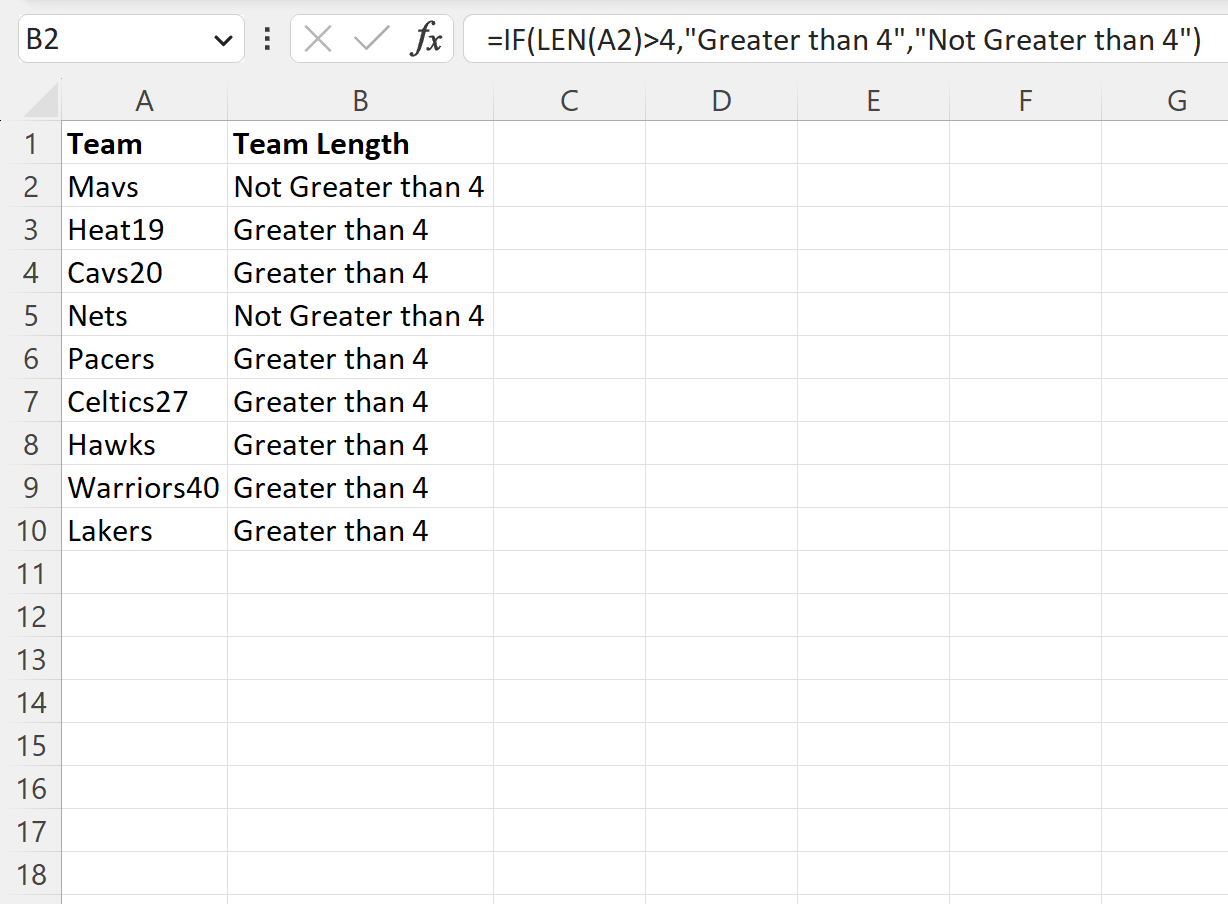 What Is A Simple Formula In Excel To Determine If A Length Is Greater Than A Certain Value?