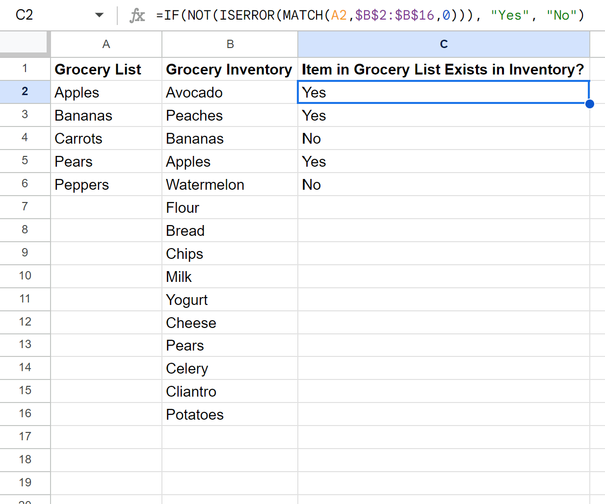 How Can I Check If One Column Value Exists In Another Column In Google Sheets?